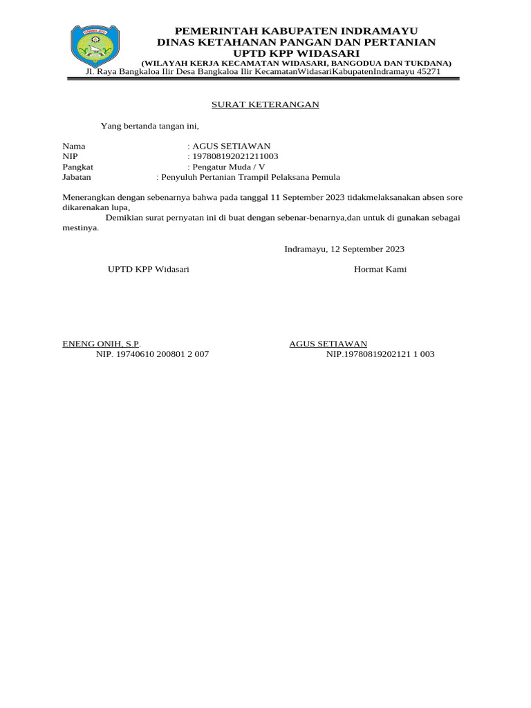 Surat Keterangan Lupa Absen | PDF