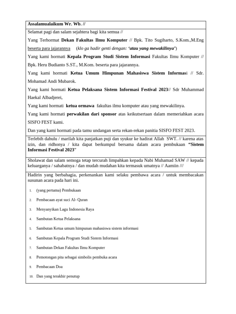 Teks MC Sisfo (Pembukaan) | PDF | Kajian Bahasa Asing | Sains & Matematika