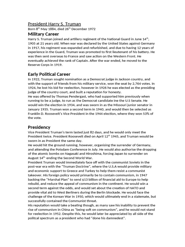 President Harry S Truman | PDF | Harry S. Truman | Presidents Of The ...