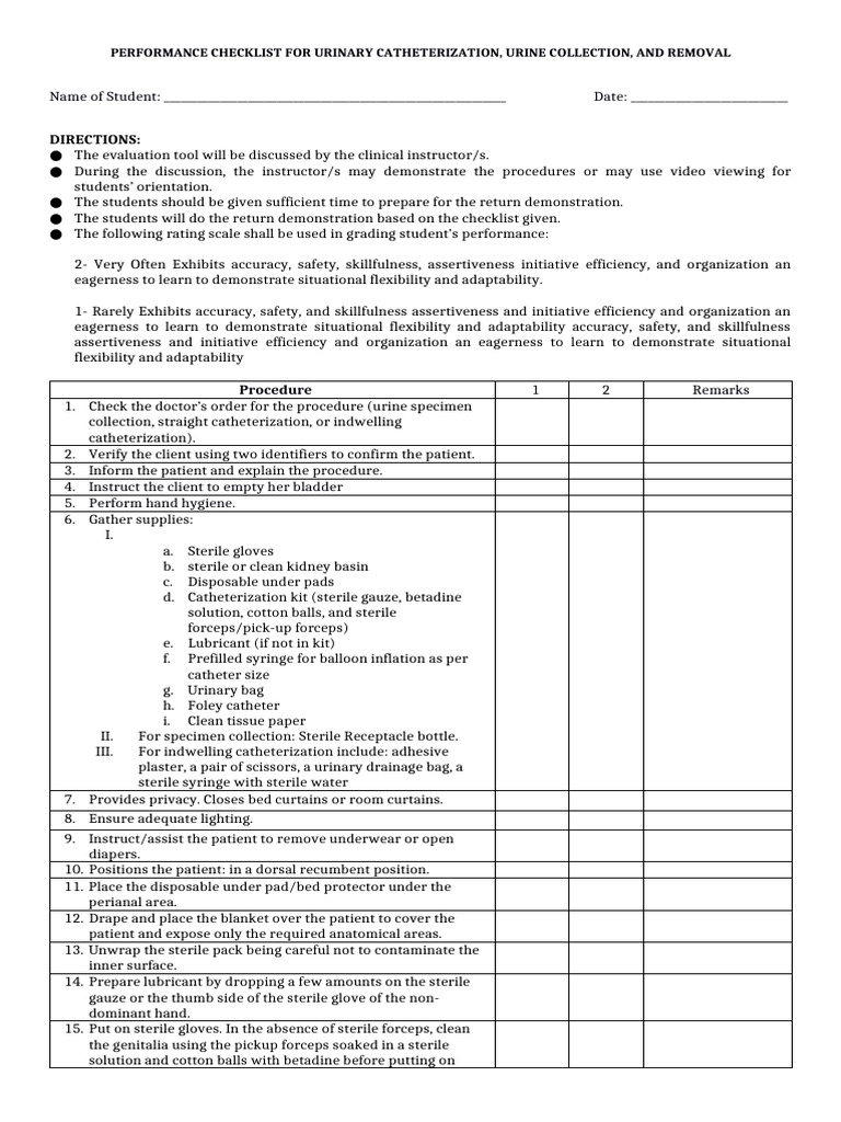 Urinary Catheterization Performance Checklist | PDF | Catheter | Urology