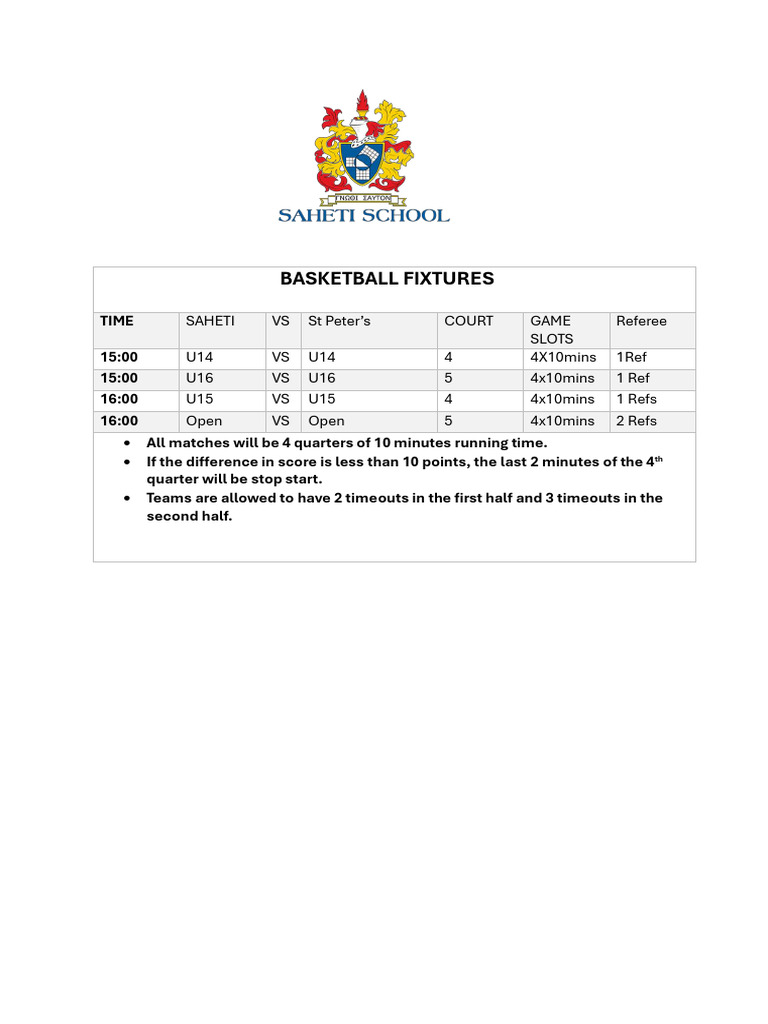Basketball Fixtures | PDF