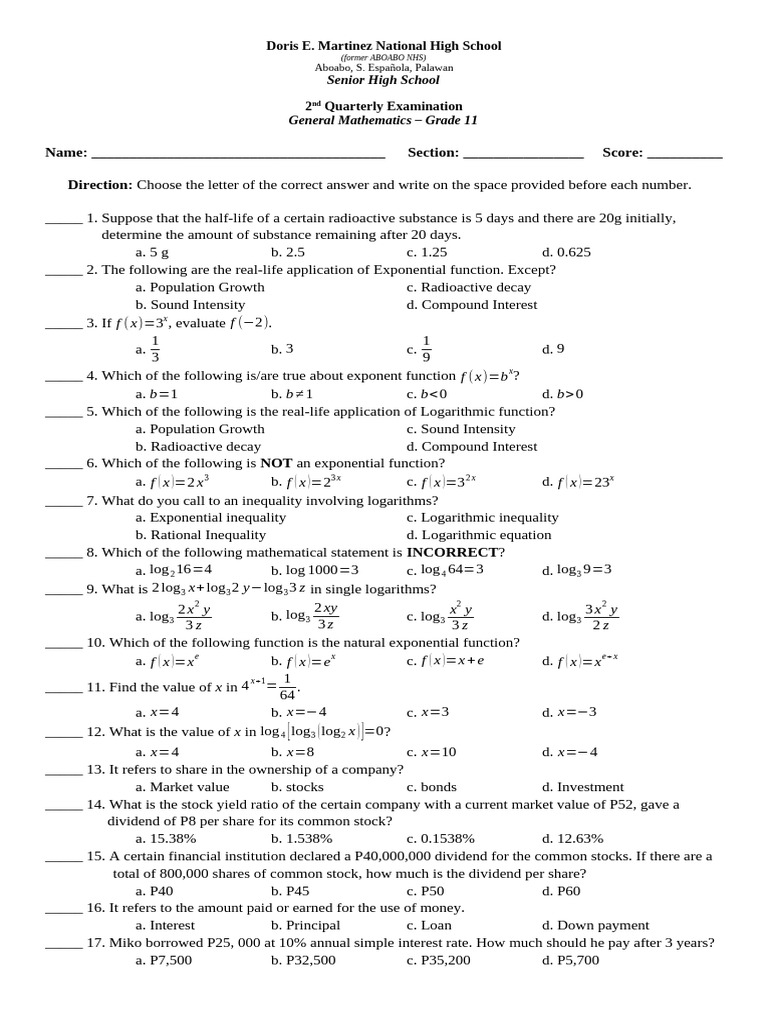 Gen - Math 2nd Quarter Exam | PDF | Interest | Exponential Function
