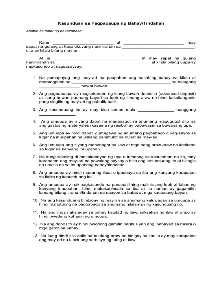 Kasunduan Sa Pagpapaupa NG Bahay/Tindahan | PDF