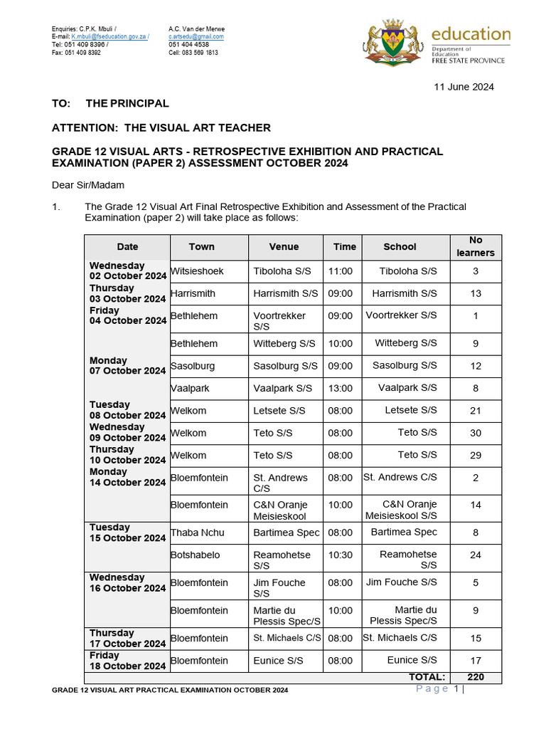 2024 VISUAL ART Grade 12 Practical EXamination Timetable (OCTOBER) | PDF | Rubric (Academic)