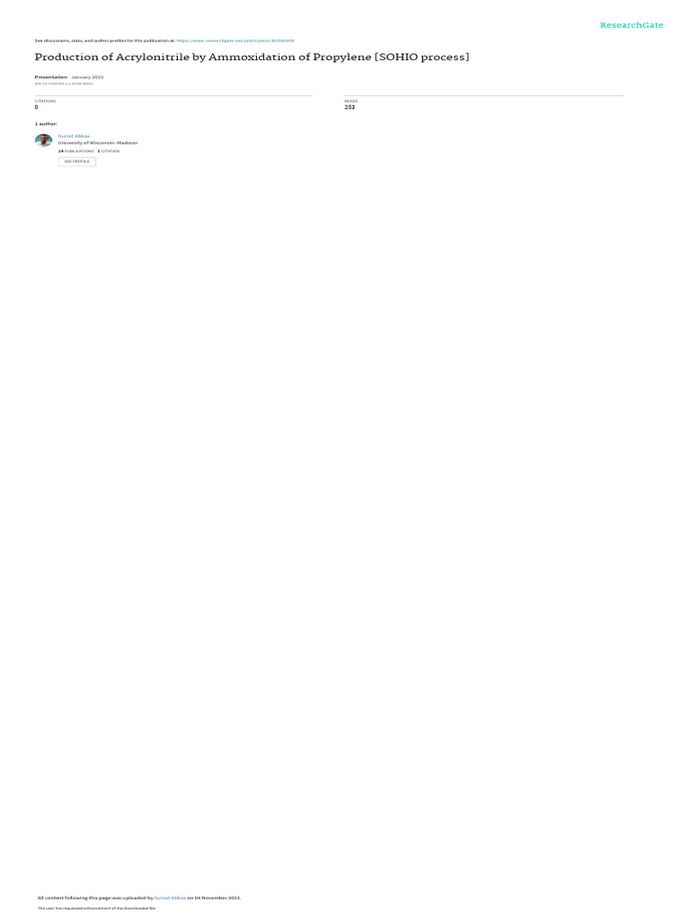 Production of Acrylonitrile by Ammoxidation of Propylene SOHIO Process ...