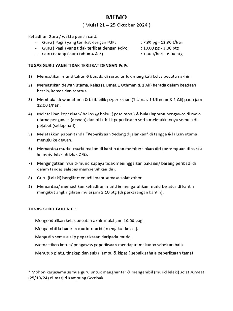 MEMO Tugas Guru Sepanjang PSRA 2024 | PDF
