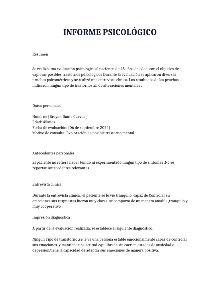 Informe Psicologico de Brayan | PDF