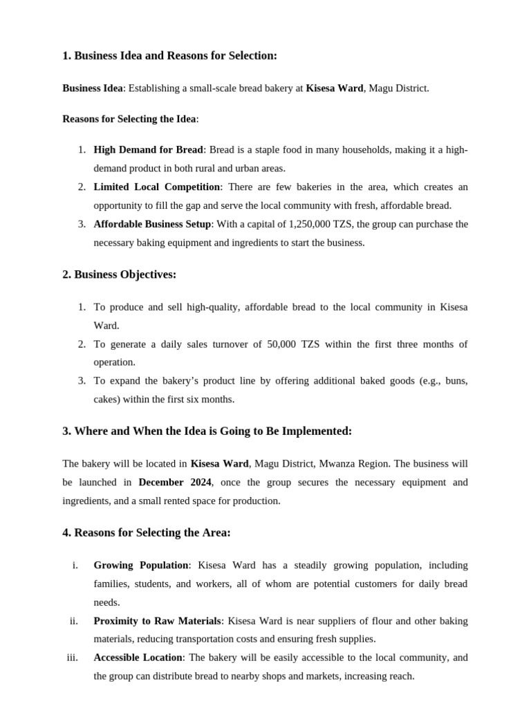 Bakery Business Plan for Kisesa Ward | PDF | Bakery | Breads