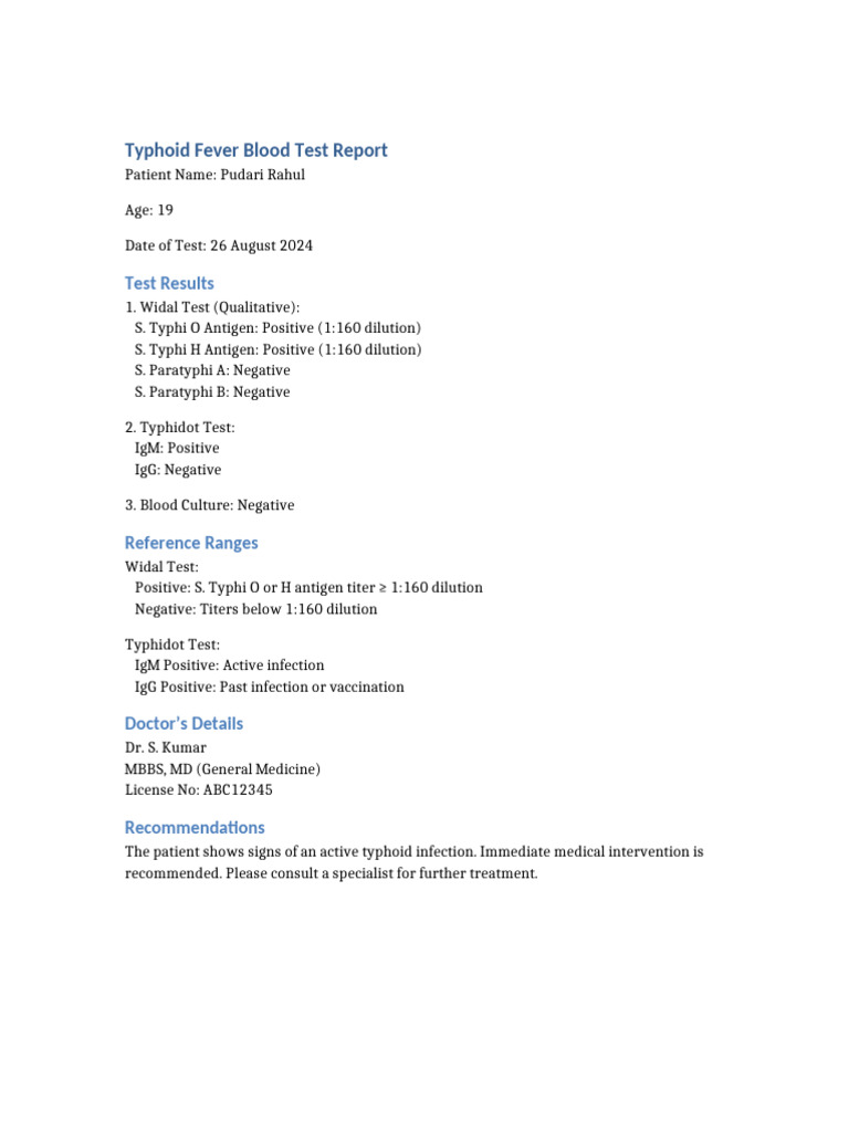 Typhoid Fever Blood Test Report Pudari Rahul | PDF