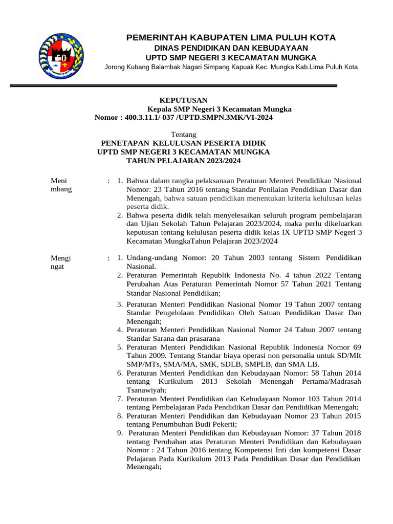 SK Penetapan Kelulusan 2024 | PDF