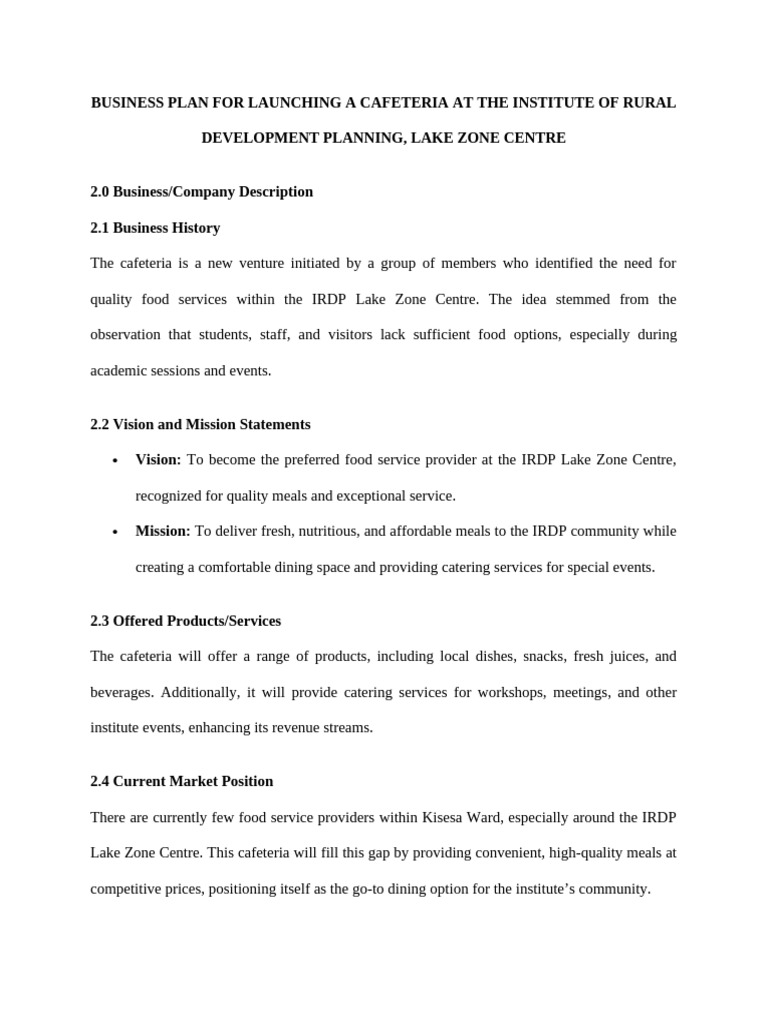Cafeteria Business Plan for IRDP | PDF | Cafeteria | Meal