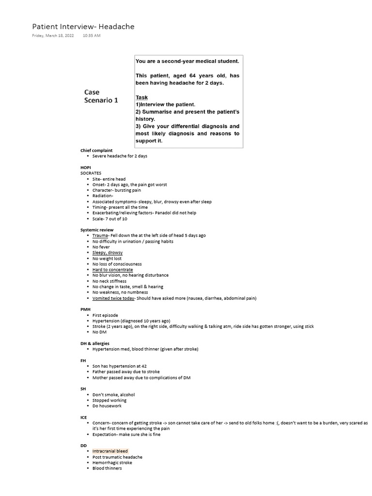 Patient Interview- Headache | PDF | Headache | Stroke