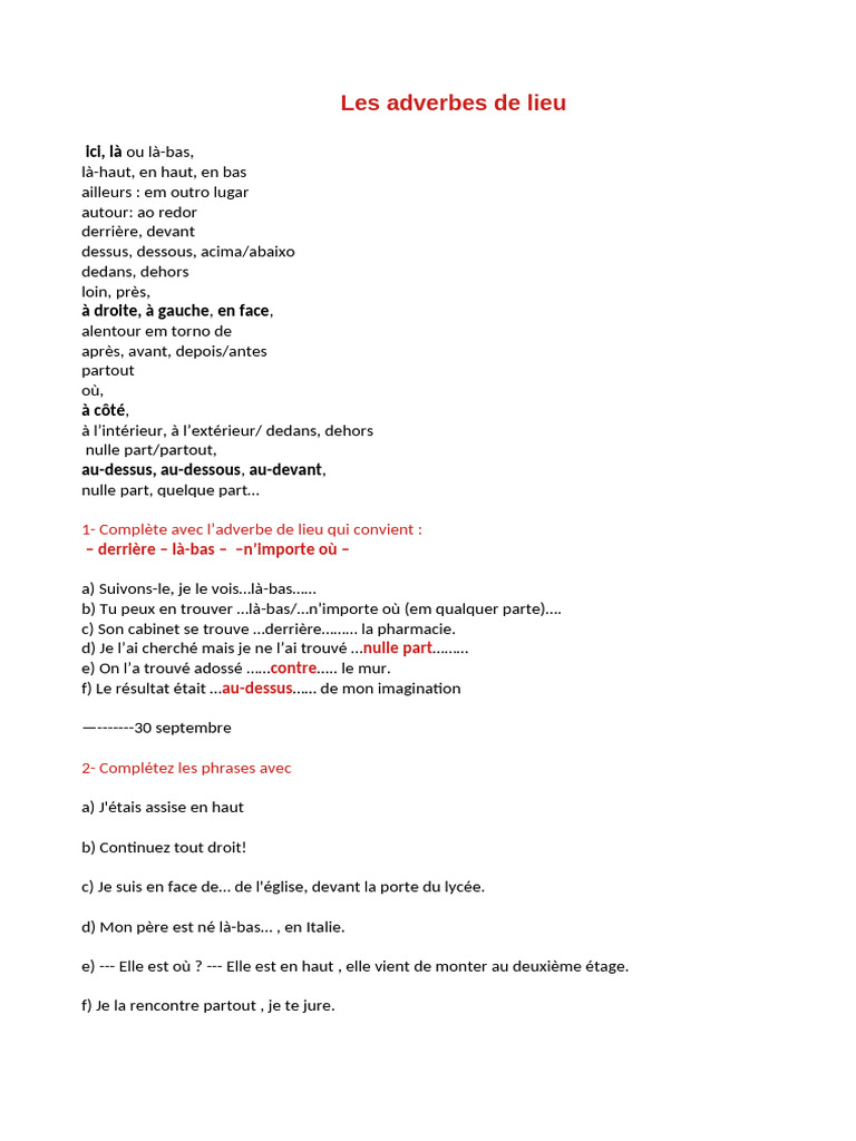 Les Adverbes de Lieu - Cours Et Exercices | PDF