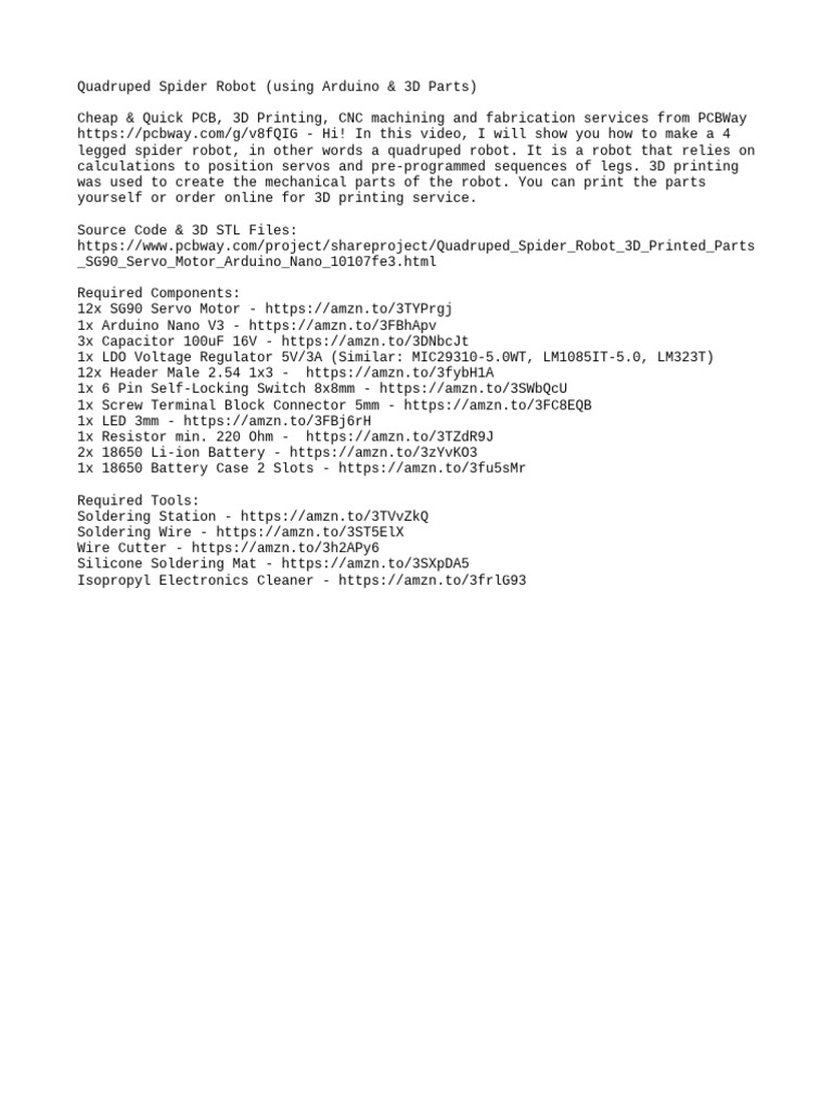 Quadruped Spider Robot (Using Arduino & 3D Parts) | PDF | Computers