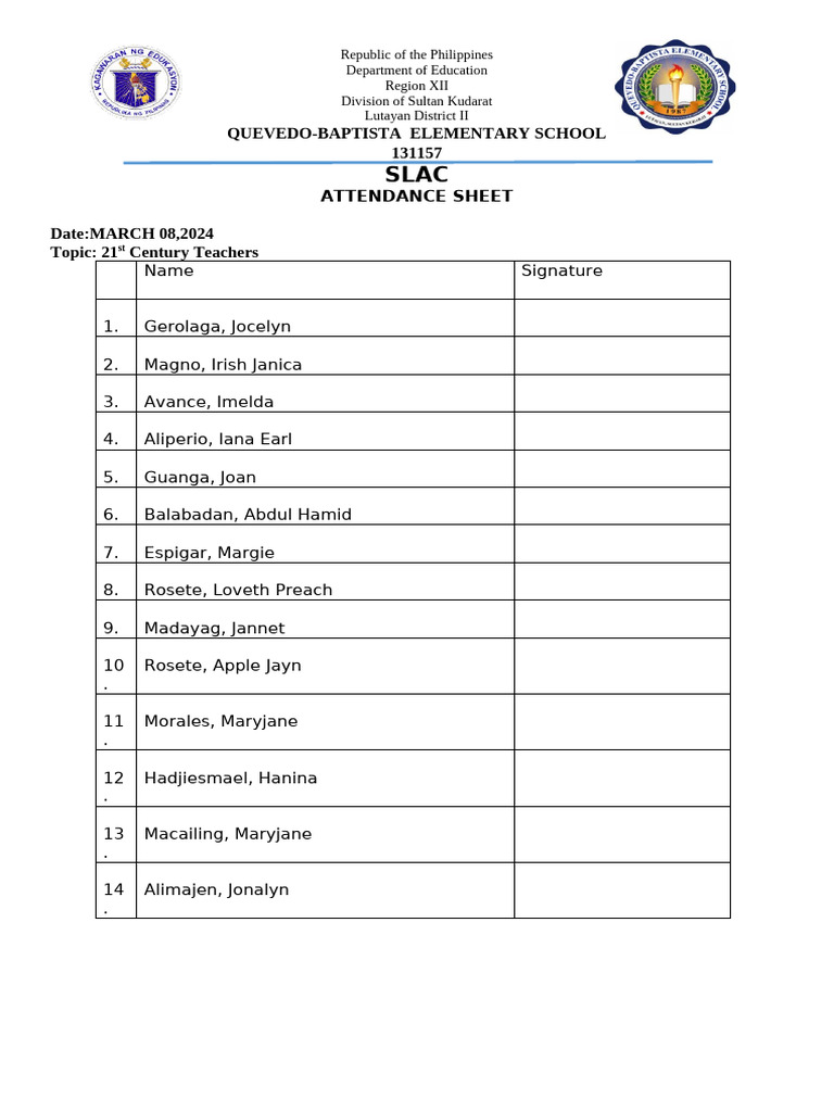 QBES Attendance Sheet SLAC | PDF