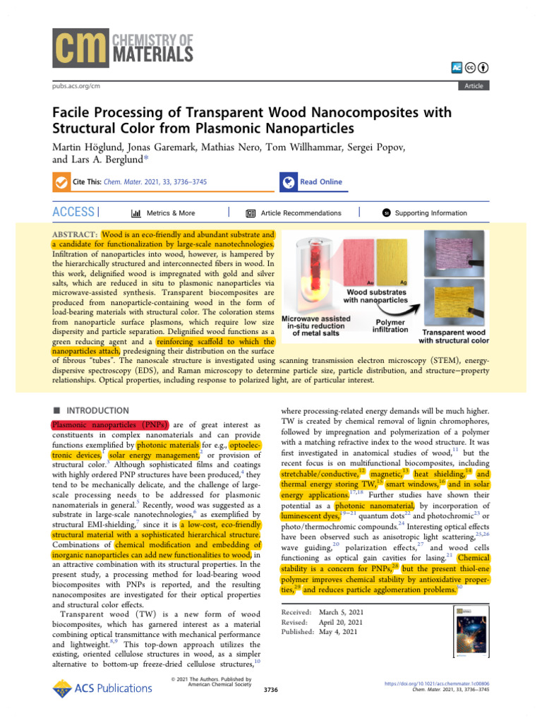 Transparent Wood Nanocomposites with Color | PDF | Surface Plasmon ...