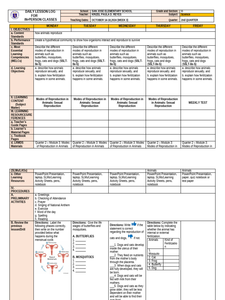 g5 q2w3 DLL Science (Melcs) | PDF | Sexual Reproduction | Fertilisation