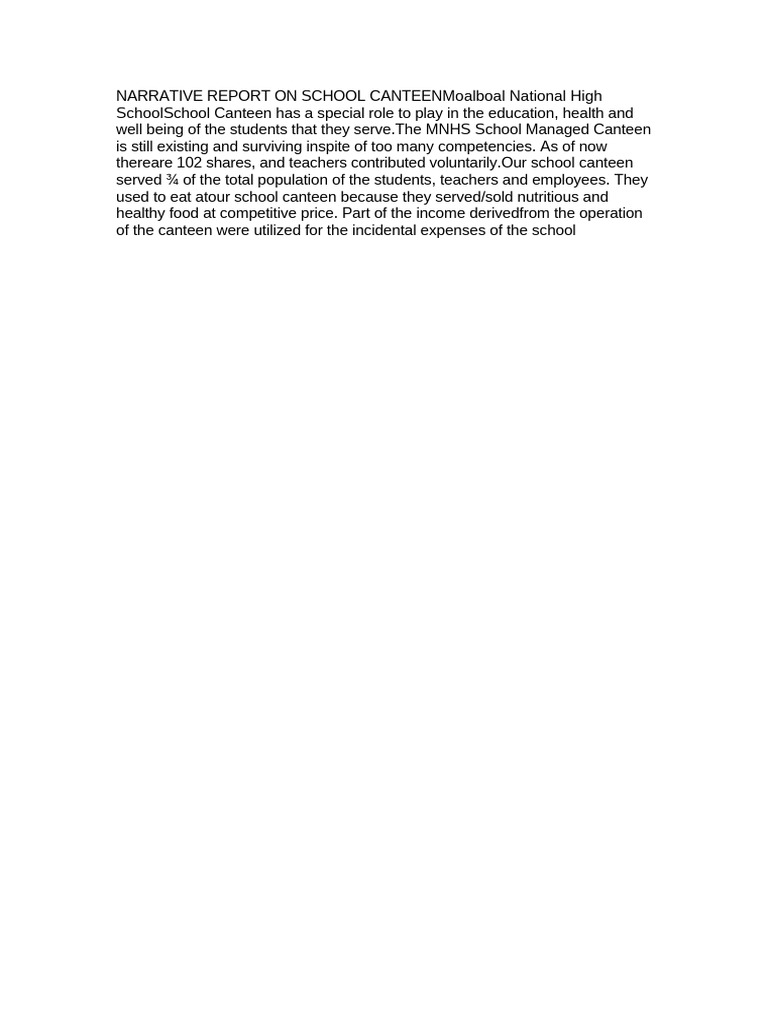 Narrative Report On School Canteenmoalboal Nationa | PDF