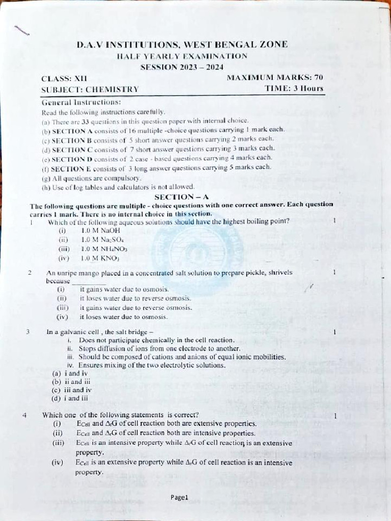 Chemistry Half Yearly Question Paper Class 12 | PDF