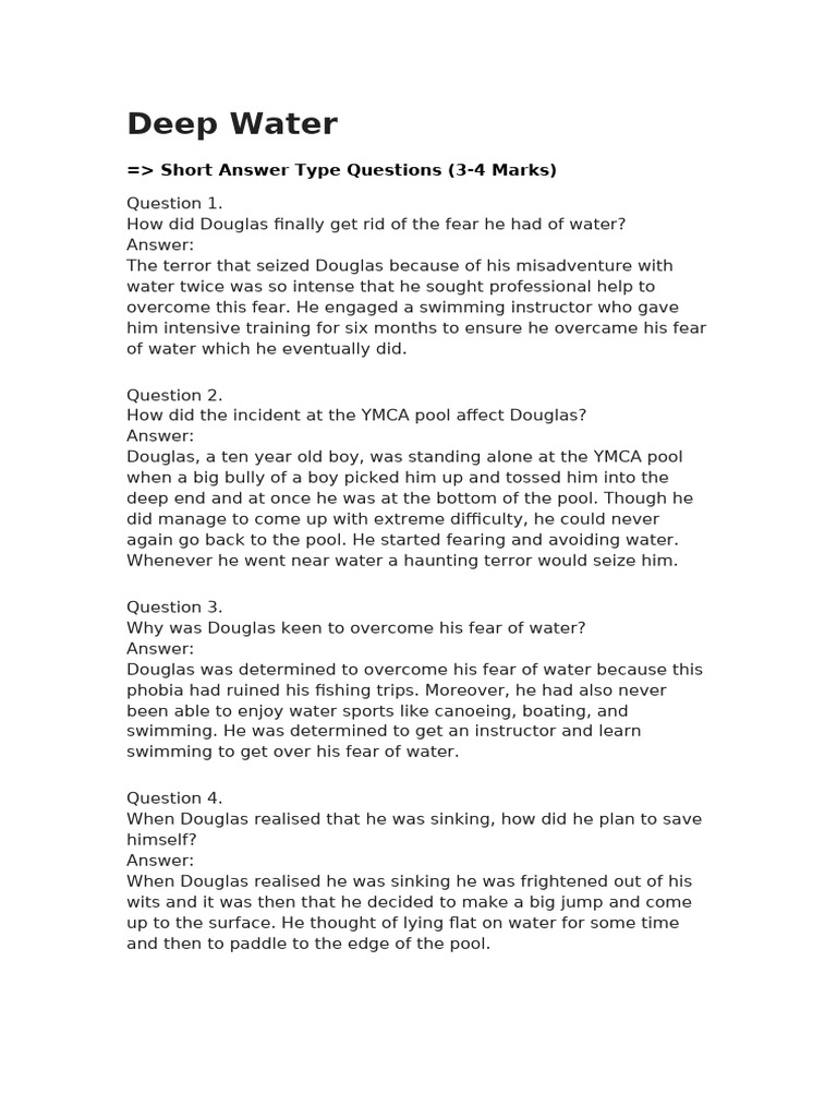 Deep Water Class 12 English | PDF | Courage | Fear