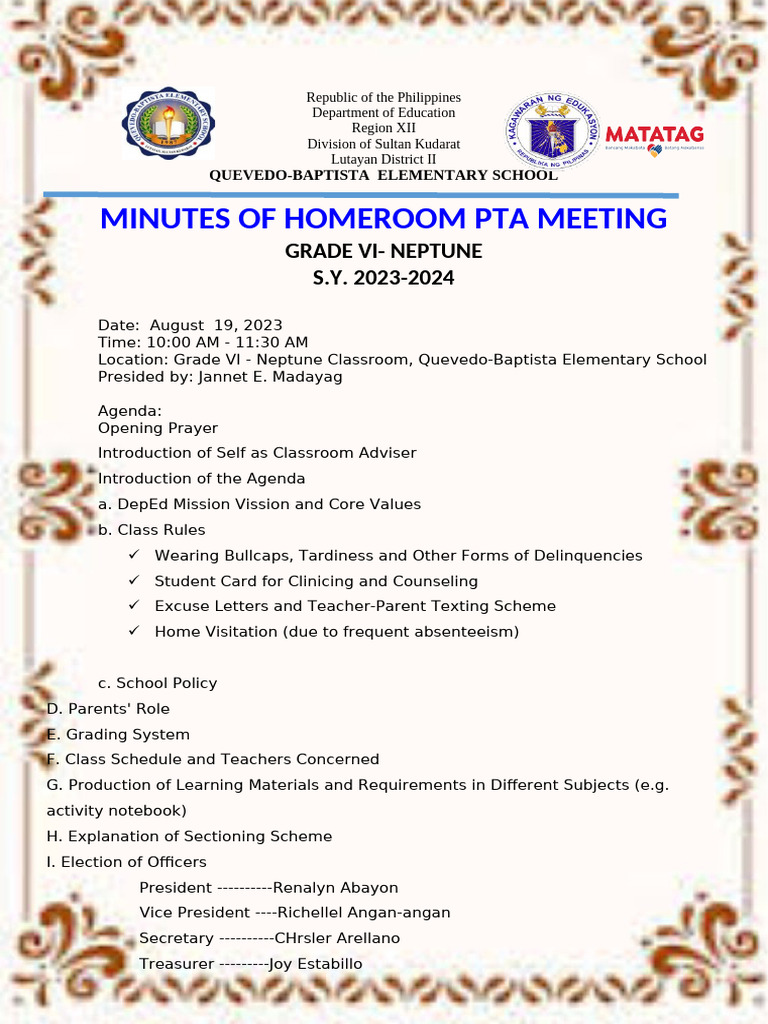 Minutes of Homeroom PTA Meeting Grade VI | PDF