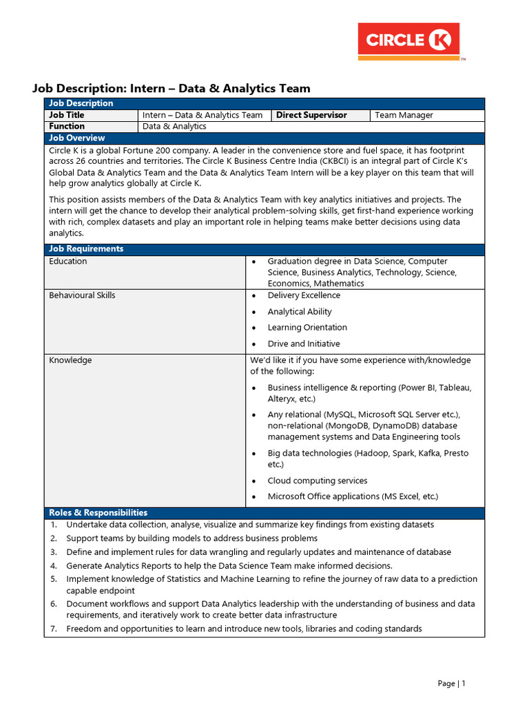 Circle K Jd Intern Data Analytics Team Pdf Analytics Data