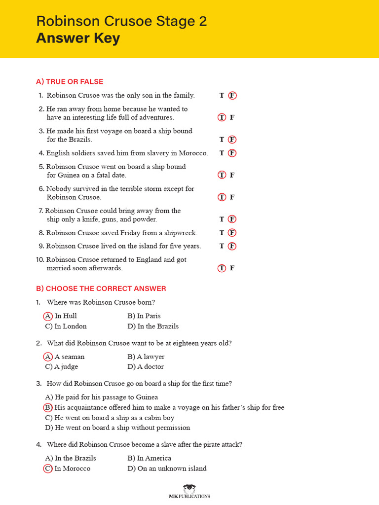 Robinson Crusoe Stage 2 Answer Key | PDF | Robinson Crusoe