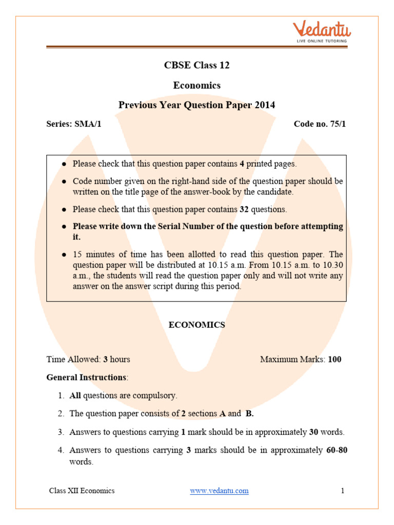 Cbse Class 12 Economics Question Paper 2014 With Solutions Pdf