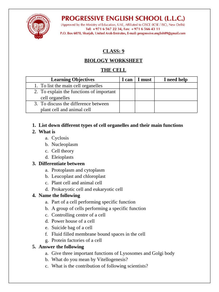 Biology-Class 9-WS - The Cell | PDF