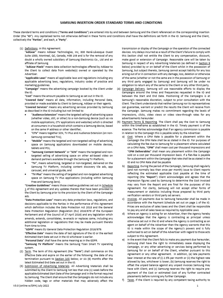 Samsung Standard IO Terms and Conditions V3 July | PDF | Indemnity | Contractual Term