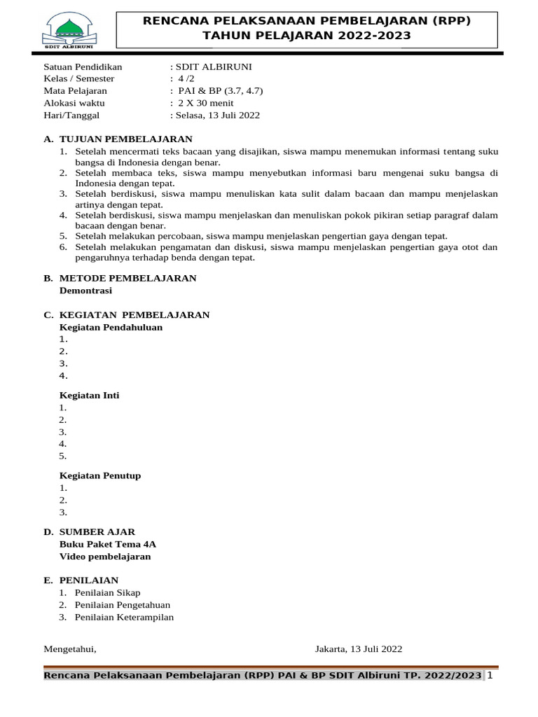 BENTUK FILE RPP 1 Lembar MAPEL | PDF