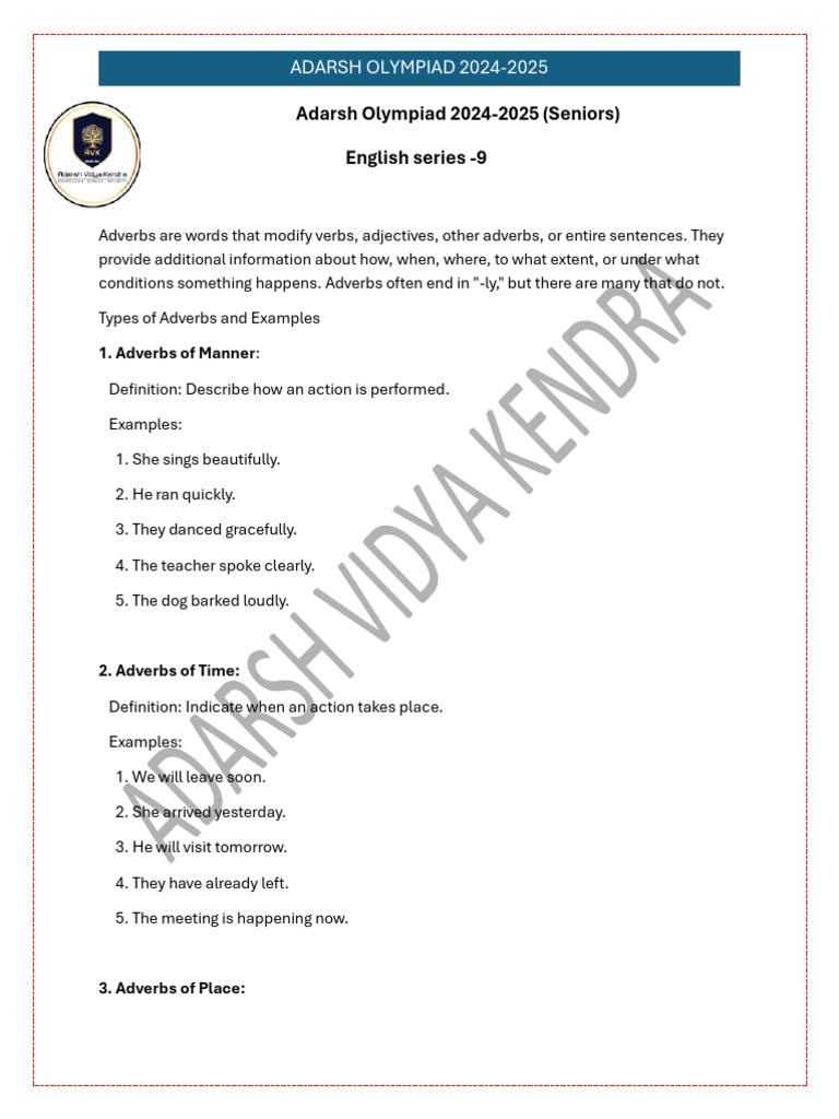 Adarsh olympiad senior series-9 August -5 | PDF | Adverb | Verb