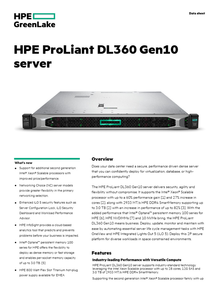 HPE ProLiant DL360 Gen10 Server-Datasheet | PDF | Computer Security ...