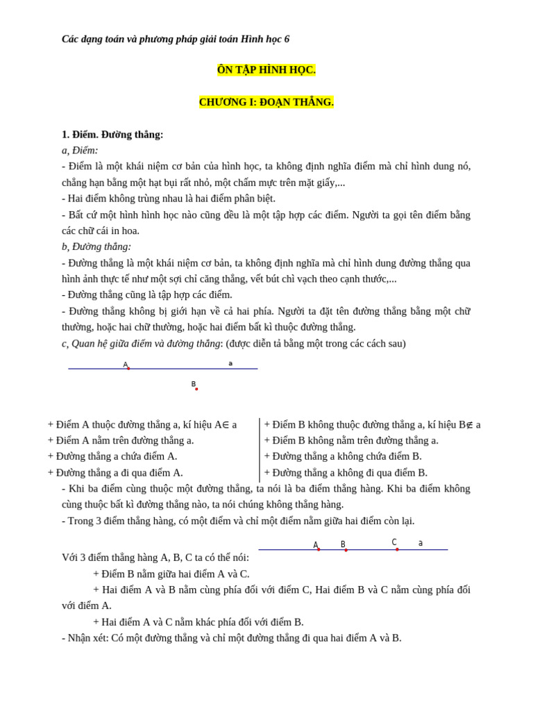 Ôn Tập Hình Học. Chương I: Đoạn Thẳng. 1. Điểm. Đường thẳng | PDF