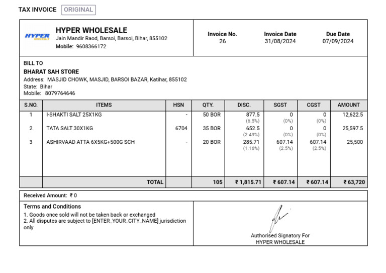 Bharat Sah Store Sales Invoice 26 | PDF