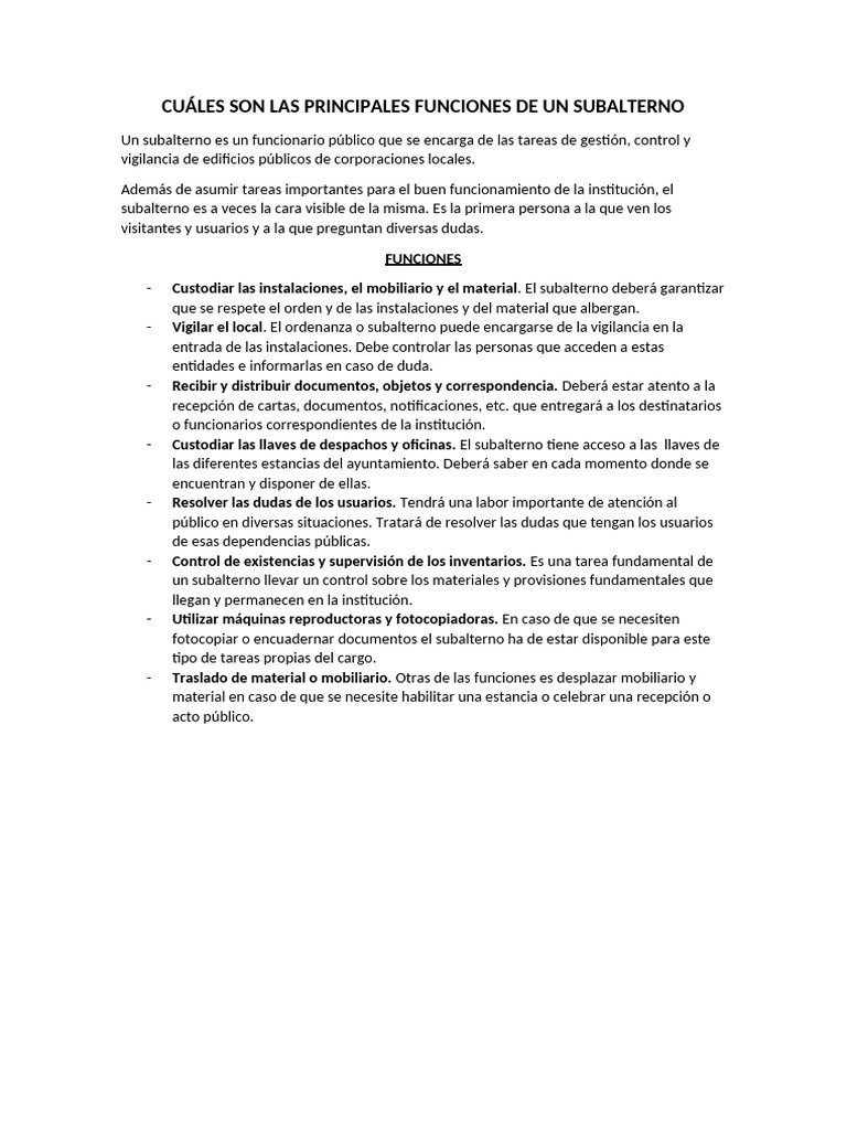 TEMA 3 Funciones Principales Del Personal Subalterno | PDF