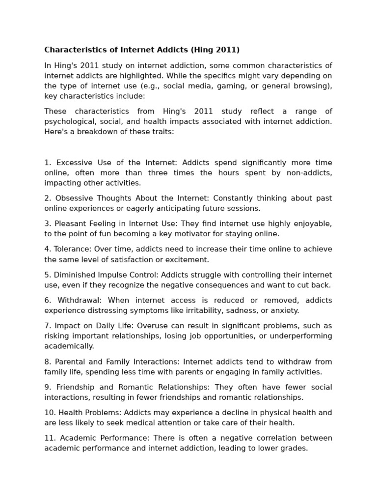 Characteristics of Internet Addicts (Hing 2011) UNIT - III | PDF ...