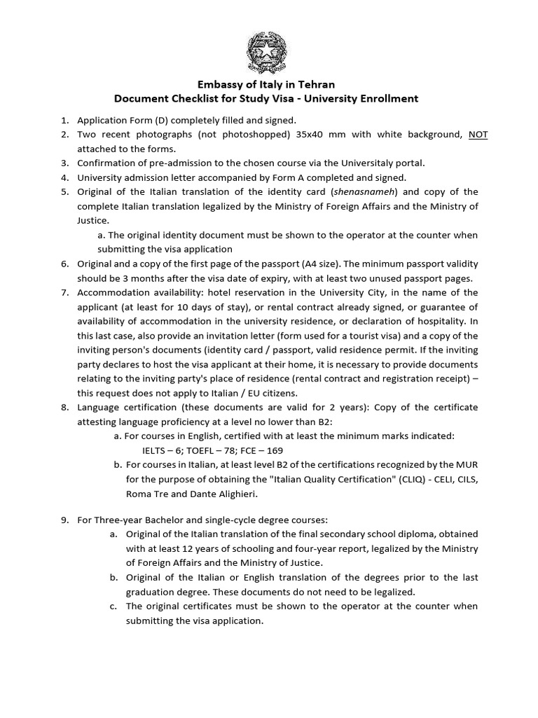 italian checklist | PDF | Travel Visa | Identity Document