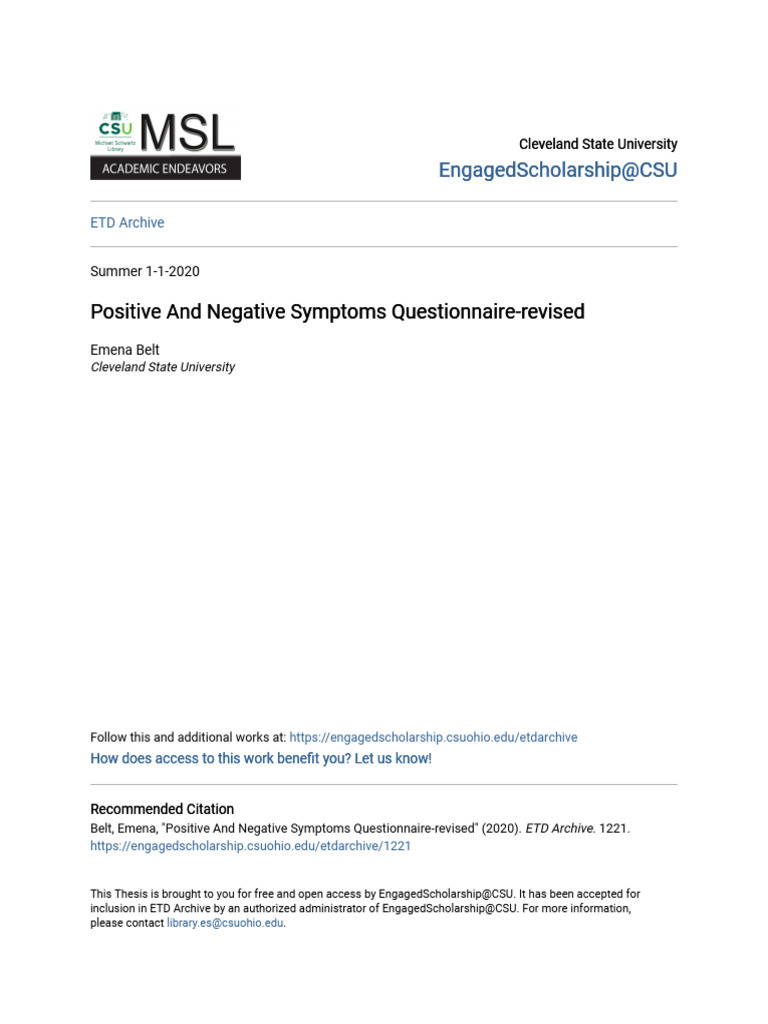 Positive and Negative Symptoms Questionnaire-Revised | PDF ...