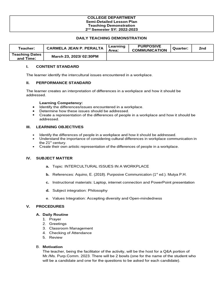 LESSON PLAN DEMO TEACHING MINSU | PDF | Lesson Plan | Teachers