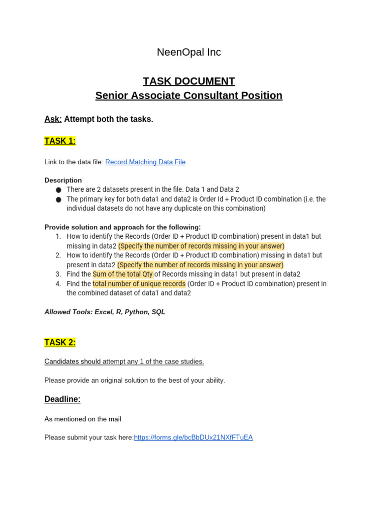 Task-Senior Associate Consultant Role @NeenOpal | PDF | Performance ...