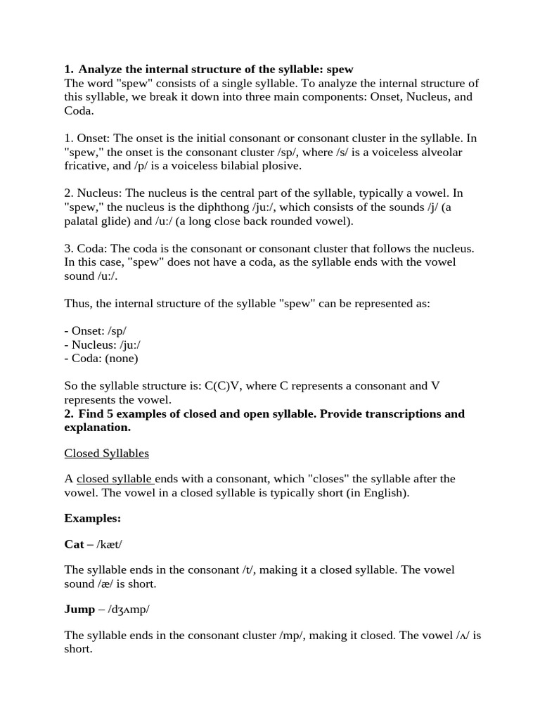 Analyze The Internal Structure of The Syllable: Spew | PDF | Syllable ...