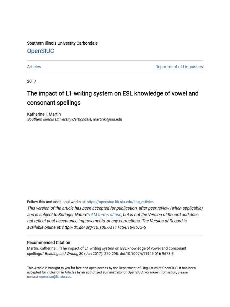 The Impact of L1 Writing System On ESL Knowledge of Vowel and Con | PDF | English Language ...