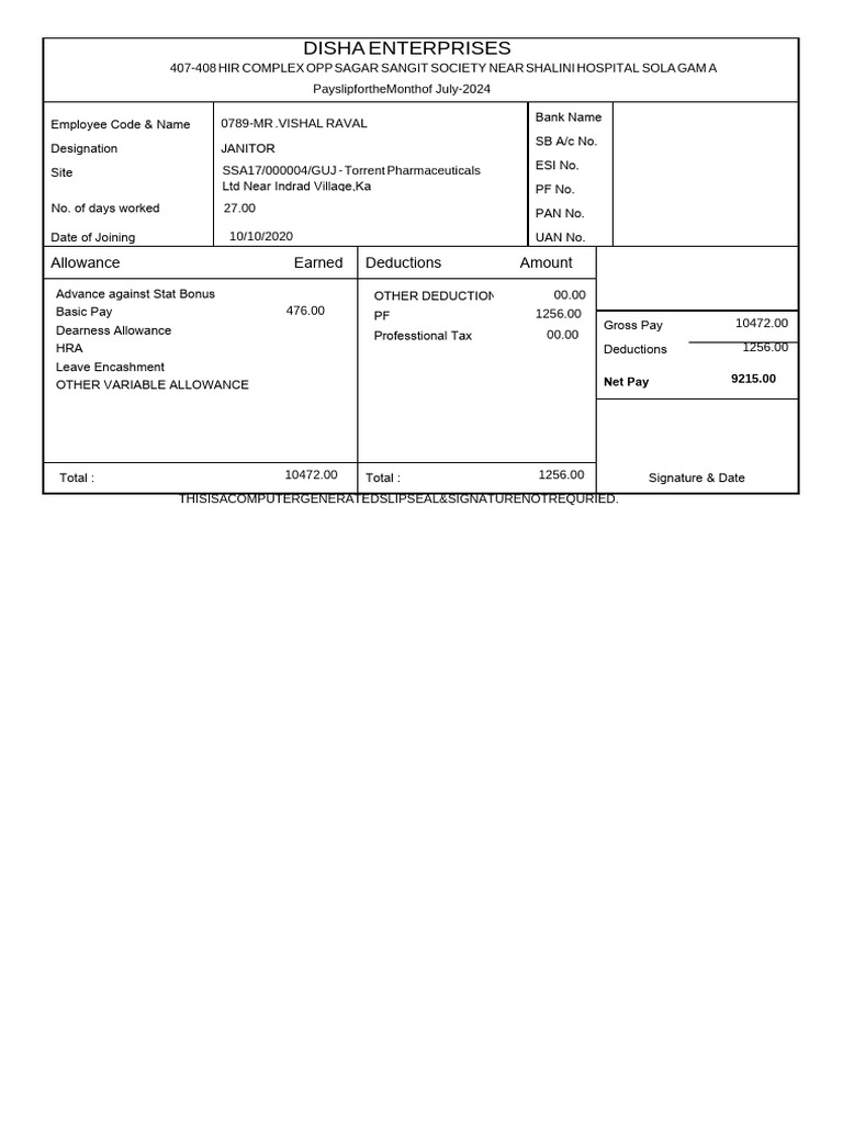 Disha Enterprises: Amount Deductions Earned Allowance | PDF | Finance & Money Management