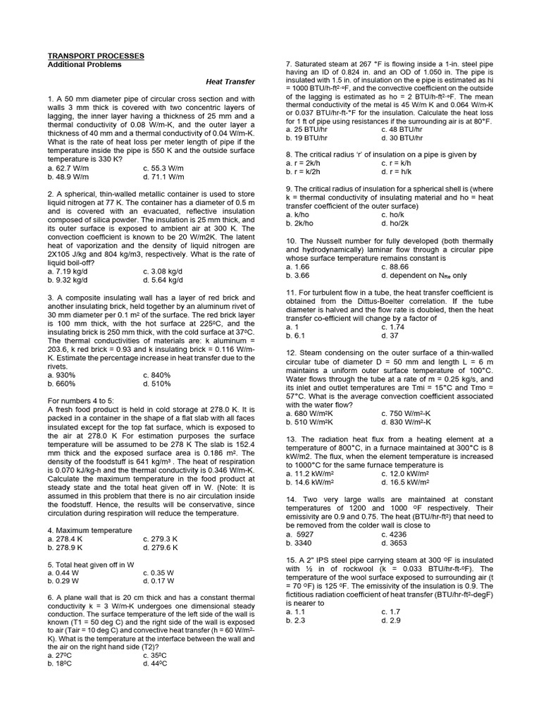 2.6.2 - Transport Processes (Additional Problems) | PDF | Thermal Insulation | Heat Transfer