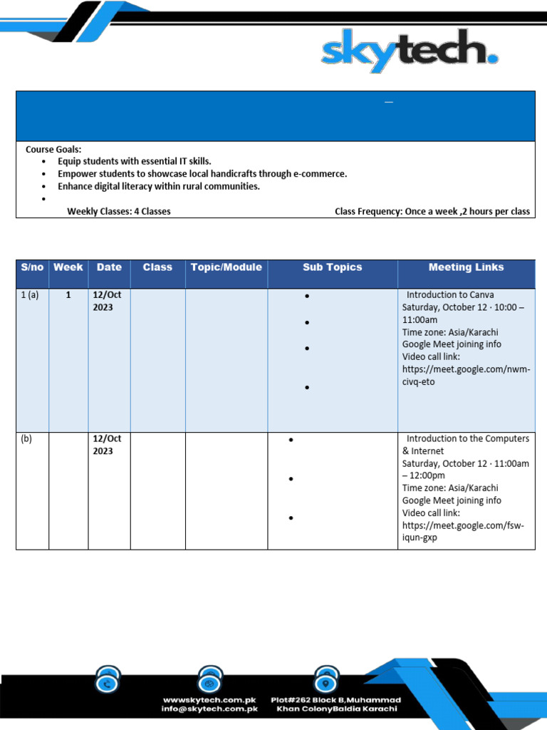 Weekly Classes Topic Outline For Training Session - 1 | PDF | Internet ...