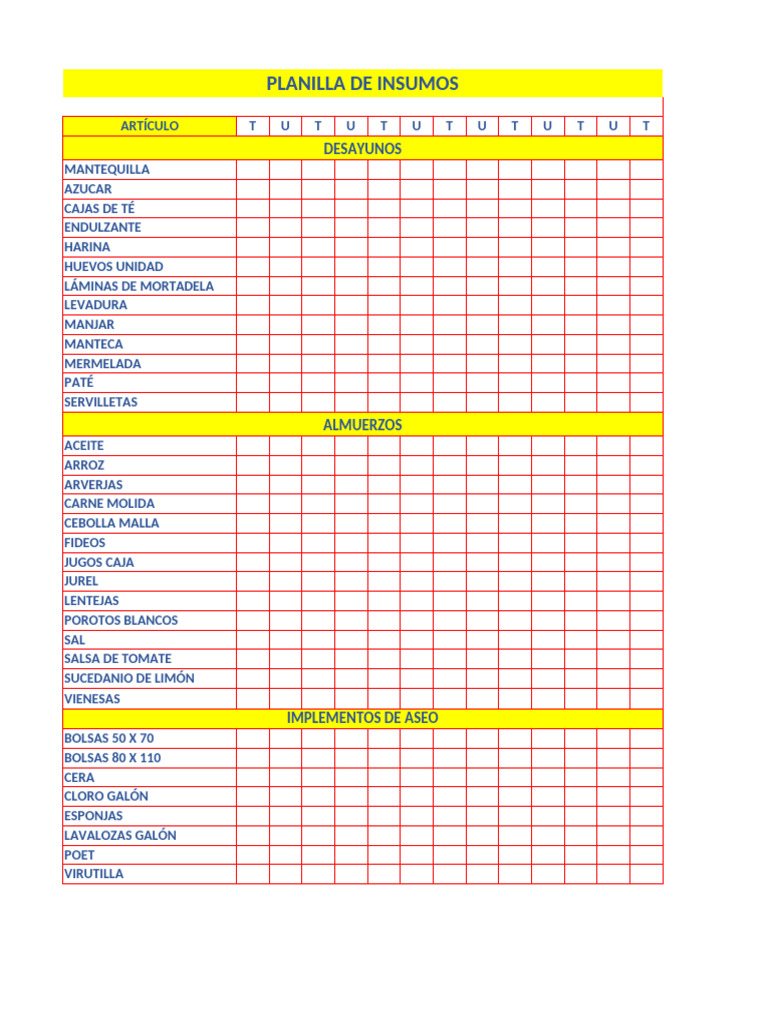 Planilla de Insumos | PDF | Cocina, comidas y vino