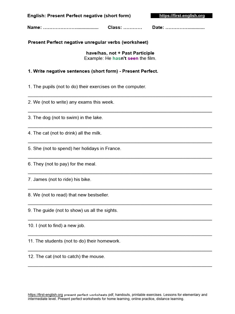 052 Present - Perfect - 52 - Negative - Exercise - Worksheet | PDF
