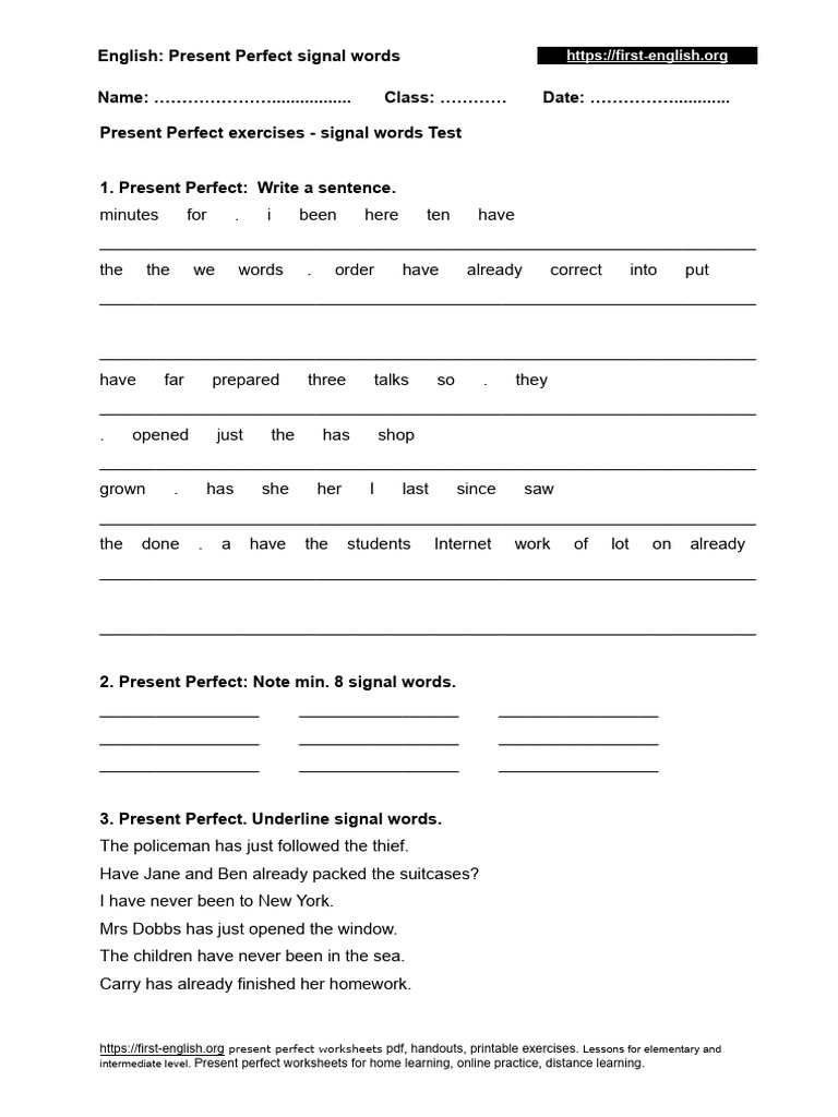 057 Present Perfect 57 Signal Words Test | PDF