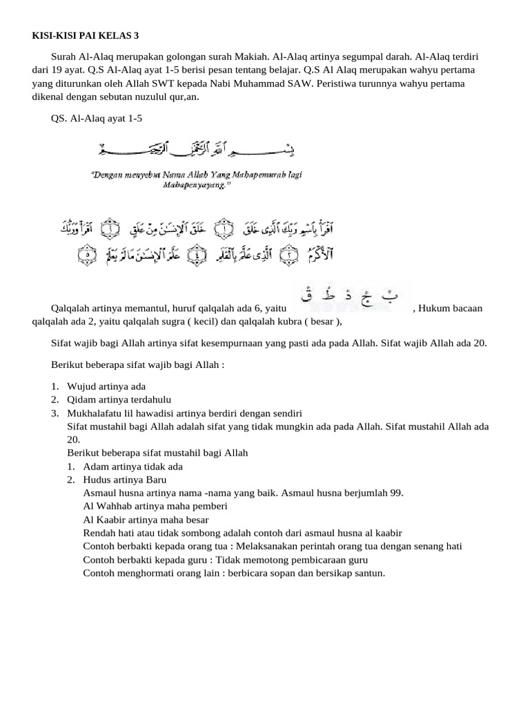 Kisi Kisi STS PAI Kelas 3 2024 | PDF
